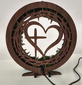 Dřevěná LED lampa s mechem - Srdce a Kříž I SENTOP LED0582