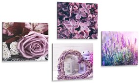 Set obrazů nádherné fialové květiny se srdíčkem