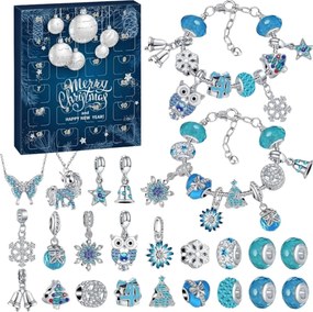 Adventní kalendář BLUE DIAMONDS s náramky, řetízky a přívěsky, modrá/stříbrná