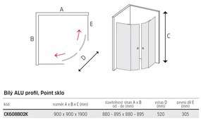 Mereo Lima sprchový kout čtvrkruhový 90 x 90 x 190 cm R550 sklo Point ALU bílý CK608B02K