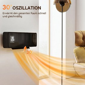 HOMCOM Nástěnný keramický elektrický ohřívač 2000 W, ventilátor, termostat, časovač, dálkové ovládání, skleněný panel, černý
