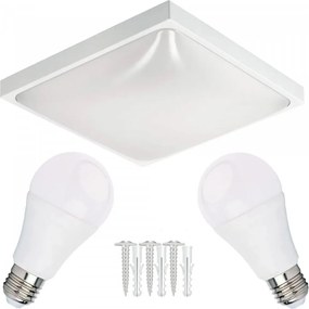 LED stropní svítidlo 2xE27 čtvercové bílé + 2x E27 10W neutrální bílá žárovka
