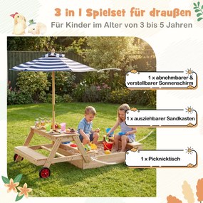 Costway Dětský piknikový stůl s pískovištěm a slunečníkem. Dřevěný