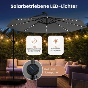 Costway Ø 300 cm konzolový deštník se 40 solárními LED světly a pytli s – šedá