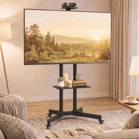 HOMCOM Mobilní TV stojan na kolečkách pro 32-75 palců, naklápěcí TV vozík, výškově nastavitelný, s brzdovými kolečky, černý