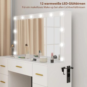 HOMCOM Toaletní stolek se zrcadlem a 12 LED světly, toaletní stolek s 7 zásuvkami, 6 skrytých úložných přihrádek, dřevotříska, bílá