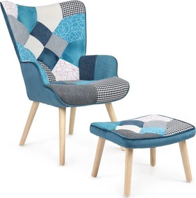 Relaxační křeslo ušák LISA + taburet — masiv, látka, modrý patchwork