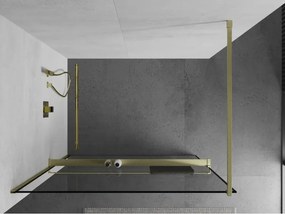 Mexen Kioto+, sprchová zástěna Walk-In s poličkou a věšákem 70 x 200 cm, 8mm čiré sklo černý vzor, ​​zlatý matný profil, 800-070-121-55-70