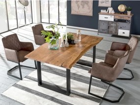 furniture-nabytek.cz - Masivní jídelní sestava Bullwer se 4 židlemi Clinton, akácie / kov / umělá kůže, lakovaná, hnědá / černá