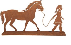 Rezavá kovová dekorace dívka s koněm Brocante rust - 42*7*22 cm