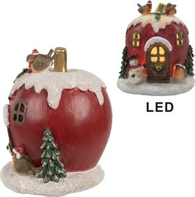 Vánoční dekorace svítící domek jablko s ptáčky - 12*11*13 cm