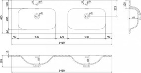 Mexen Vela, dvojité umyvadlo zapuštěné do desky, 141 × 46,5 cm, černá matná, 25231471D