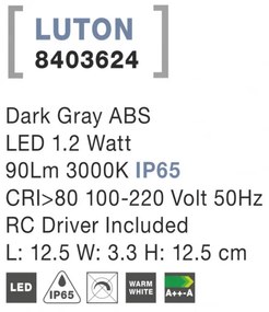Svítidlo Nova Luce LUTON STEP GREY 2 schodišťové, IP 65, 1,2 W