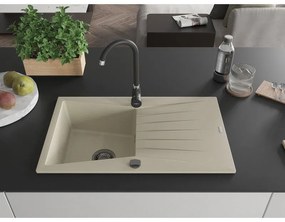 Mexen Cesar, granitový dřez 775x470x190 mm, 1-komorový, béžová s černým sifonem, 6514771010-69-B