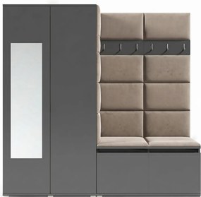 Předsíňová stěna Trinity 8 s čalouněnými panely, 190 cm, grafit/ světle béžová
