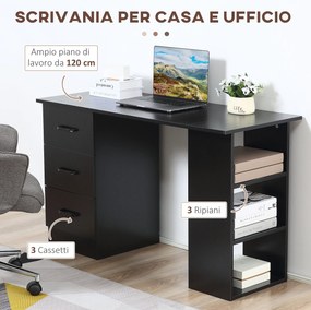 HOMCOM Počítačový stůl se 3 zásuvkami a 3 policemi, stůl do ložnice a kanceláře 120x49x72cm, černý