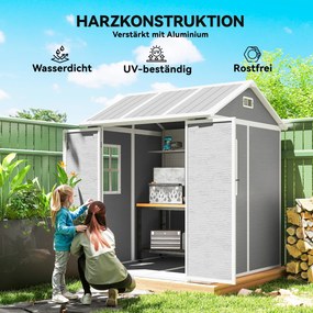 Zahradní kůlna Outsunny s povrchem připomínajícím staré dřevo, 2,91 m², s dvojitými dveřmi a zámkem, šikmou střechou, 181x181x220 cm, šedá