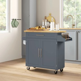 HOMCOM Víceúčelový Kuchyňský Vozík s Šuplíkem, Kolíky, Regálem na Koření, Skříňkou a Horní Deskou z Gumového Dřeva, 109x40x89 cm, Šedý