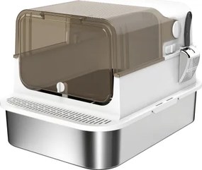 PawHut uzavřená kočičí toaleta z nerezové oceli, kočičí záchod s lopatkou, 70 x 50 x 46,5 cm, bílá