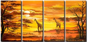 Obraz Večerní obloha nad savanou (4dílný) - příroda Afriky s žirafami