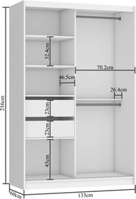 Šatní skříň 133 cm Belini bílý mat s posuvnými dveřmi zrcadlem a zásuvkami  ME SZP6/1/W/W/0/KLAL