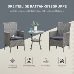 Souprava zahradního nábytku Outsunny Poly Rattan, venkovní lounge nábytek na balkon pro 2 osoby, 3-dílná sedací souprava, 2 křesla, stůl a polstry, z…