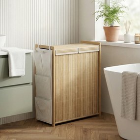 HOMCOM 120 l bambusový koš na prádlo s víkem, 2 přihrádky, snímatelné vaky se šňůrkou, boční kapsy, 63 × 33 × 78 cm, přírodní