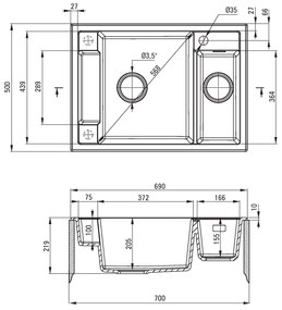 Deante Magnetic, granitový dřez na desku 690x500x219 mm, 3,5" + prostorově úsporný sifon, 1,5-komorový, antracitová metalíza, ZRM_T503