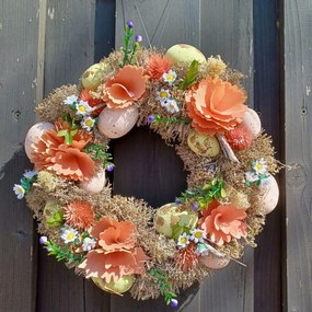 Velikonoční věnec na dveře 30 × 30 × 8 cm, růžové květy, plast, venkovní