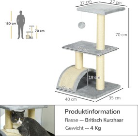 Škrabadlo 72 cm Kočičí věž s plyšovými polštářky, sisalové sloupky, plošina, škrabadlo Světle šedá barva