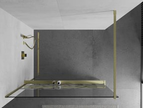 Mexen Kioto+, sprchová zástěna Walk-In s poličkou a věšákem 110 x 200 cm, 8mm čiré sklo bílý vzor, ​​zlatý matný profil, 800-110-121-55-85