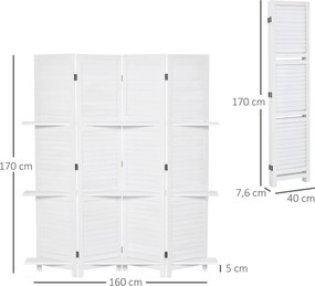 HOMCOM 4-panelový dřevěný paravan s skládacím designem a 3 odnímatelnými policemi pro ložnici a kancelář 160x170 cm Bílý