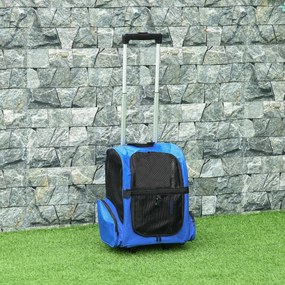 PawHut přepravka pro domácí zvířata 2 v 1 - Kola a batoh s teleskopickou hliníkovou rukojetí a úložnými kapsami 42x25x55 cm Modrá