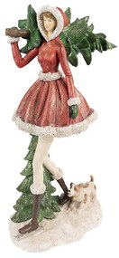 Červená dekorace socha dívka nesoucí stromek s pejskem - 25*17*43 cm