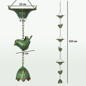 sada 3 dešťových řetězů 123cm kovový dešťový odtokový řetěz s připojeným závěsem Birds Bell Green