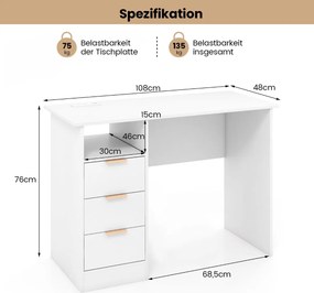 Costway Psací stůl se 3 zásuvkami a nabíjecí stanicí, bílý