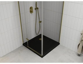 Mexen Roma, sprchový kout s křídlovými dveřmi 80 (dveře) x 80 (stěna) cm, 6mm čiré sklo, zlatý profil + slim sprchová vanička černá + zlatý sifon, 854-080-080-50-00-4070G