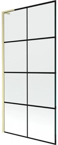 Mexen Next L, 1-křídlová vanová zástěna 90 x 150 cm, 6mm čiré sklo-černý vzor, ​​zlatý matný profil, 895-090-000-03-77-55
