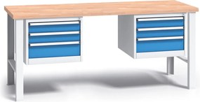Pracovní stůl do dílny G3 se 2 závěsnými boxy na nářadí, buková spárovka, 6 zásuvek, pevné kovové nohy, 2000 mm, modrá