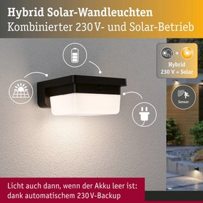 P 95748 Hybrid LED venkovní nástěnné svítidlo Isleen domovní 230V + solární IP44 hranaté 163x163mm 3000K 2,3W 230V černá - PAULMANN