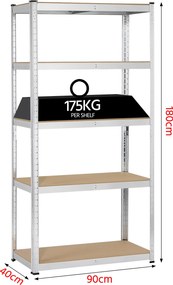 Zátěžový regál Yaheetech – Mod.1: 180 × 90 × 40 cm/875 kg stříbrná (264515749188)