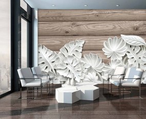 Fototapeta - Alabastrově bílé květiny na dřevěných prken (254x184 cm)