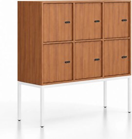 Kancelářská skříň FRAME, nízká, bílá podnož, 6x dveře, 1299 x 450 x 1331 mm, mechanický kódový zámek, ořech
