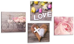 Set obrazů zátiší květin s křížkem a nápisem Love