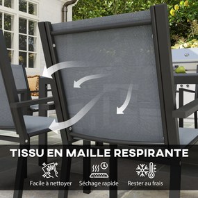 Outsunny Sada zahradního nábytku pro 6 osob, venkovní lounge set, ocelové rámy, stohovatelné židle, vysoké opěrky hlavy, šedá