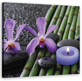 Obraz na plátně, Bambusové květiny Zen lázeňská svíčka - 30x30 cm