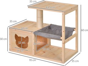 Kočičí domeček PawHut s houpací sítí a sisalovým kmenem, box pro kočky z jedlového dřeva, přírodní 70x35x60cm pro milovníky koček | Aosom.de