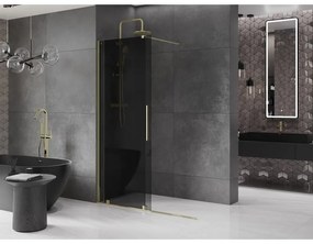 Mexen Velar, sprchová zástěna s posuvnými dveřmi Walk-in 140 x 200 cm, 8mm šedé sklo, zlatá lesklá, 871-140-000-43-50