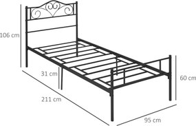 HOMCOM jednolůžkový postelový rám z oceli 95x211x106 cm, integrované laťování, čelo a nožní část, úložný prostor pod postelí, černá