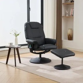 Aosom Relaxační křeslo s podnožkou – masážní křeslo s vyhříváním, PU látka, funkce ležení a 360° otáčení, relaxační televizní křeslo, černé